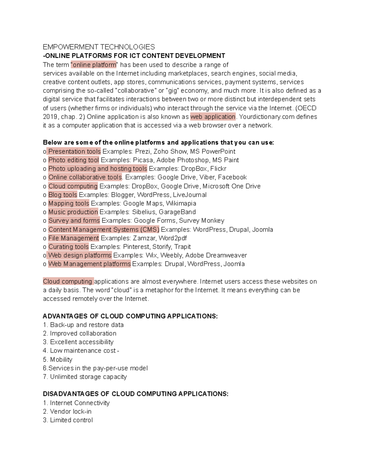 EMT 101: Reviewer for Empowerment Technologies in ICT Development - Studocu