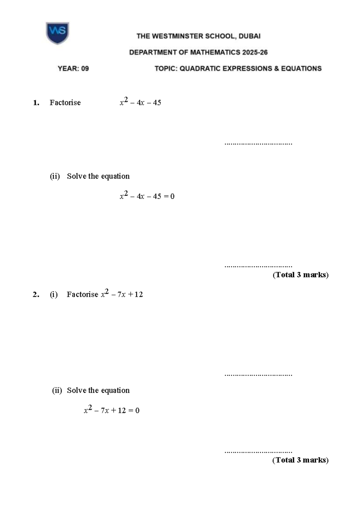 YEAR 9 WS: Solving Quadratics by Factorizing Techniques - Studocu