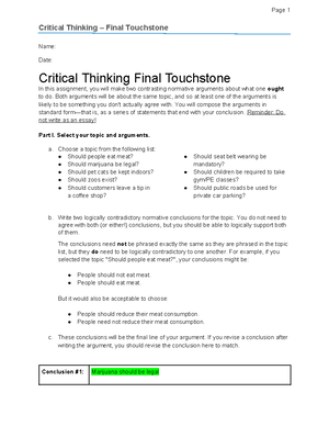 Critical Thinking Touchstone 4 - Critical Thinking – Final Touchstone Name: Malik Williams Date ...