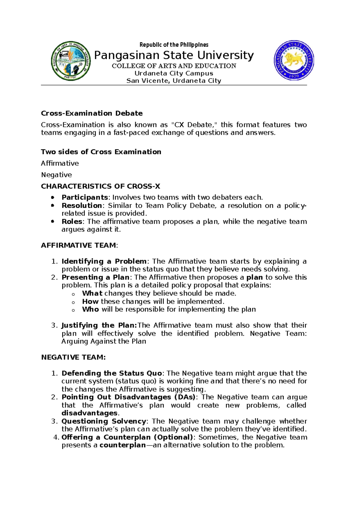 CROSS-EXAMINATION DEBATE - Republic of the Philippines Pangasinan State ...