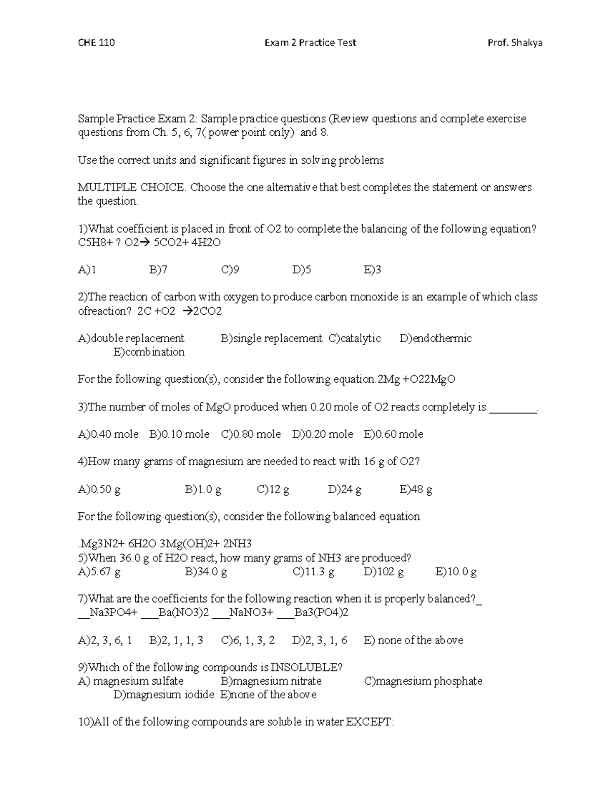 CHE 110 Exam 2 Practice Test - Prof. Sharmila Shakya - Studocu