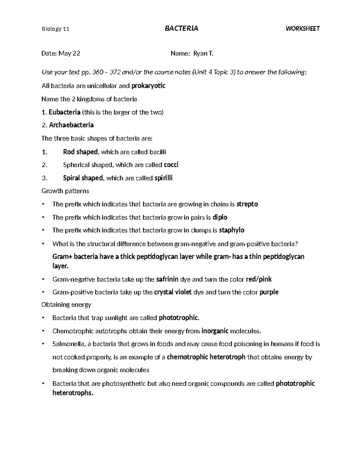Biology 11 BACTERIA Worksheet Assignment - Key Concepts & Notes - Studocu