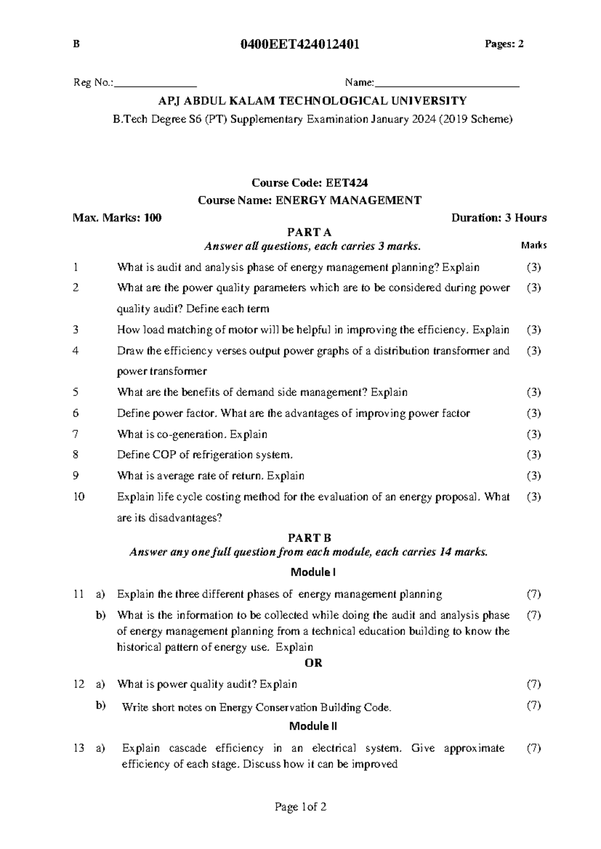 EET424 Energy Management Supplementary Exam Jan 2024 - B.Tech S6 - Studocu