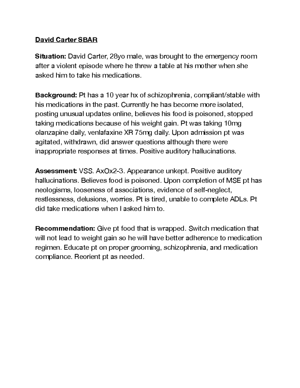 David Carter SBAR: Assessment and Recommendations for Schizophrenia ...