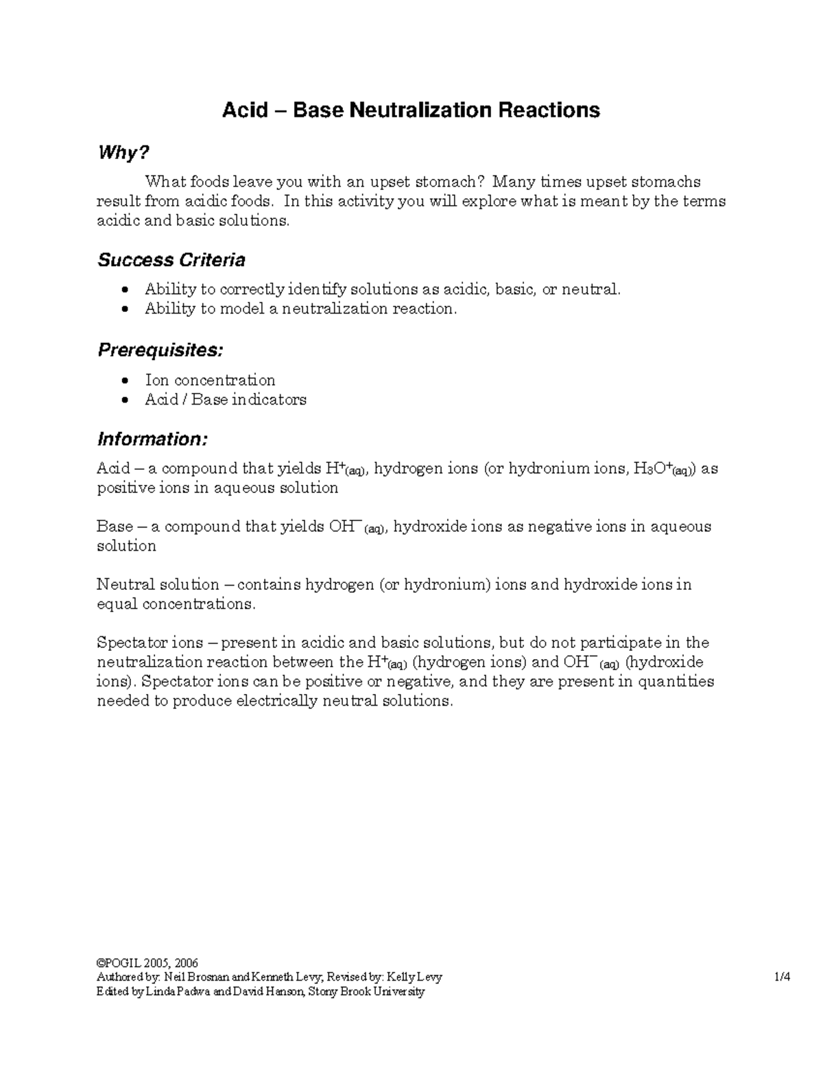 Acid base neutralization reactions - ©POGIL 2005, 2006 Authored by ...