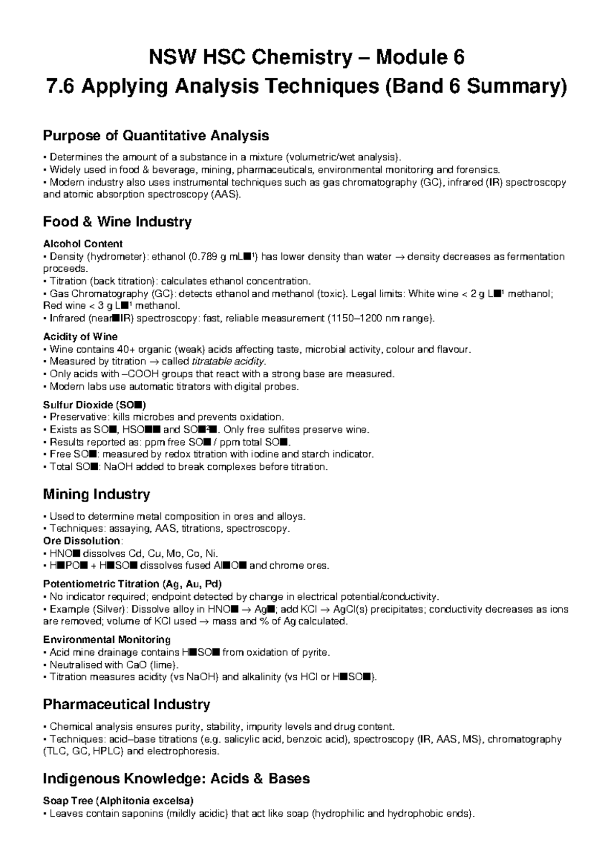 HSC Chemistry Module 6: Quantitative Analysis Techniques Summary - Studocu