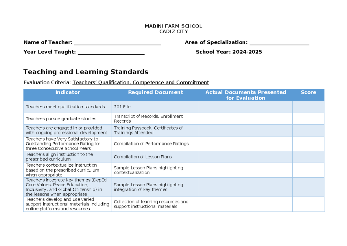Checklist FOR School EVAL 3 - MABINI FARM SCHOOL CADIZ CITY Name of ...