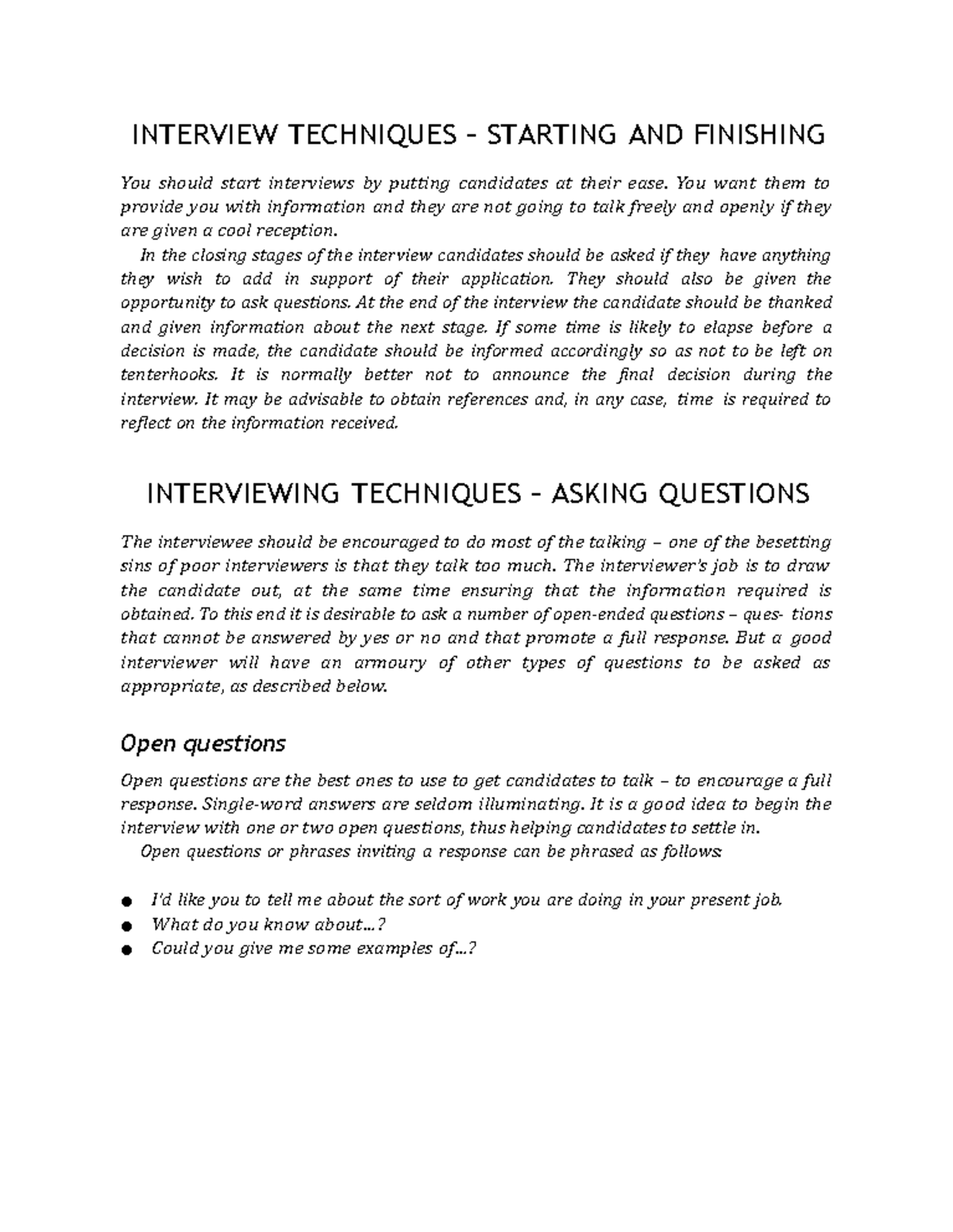 Interview Techniques: Starting, Questioning & Closing Strategies - Studocu