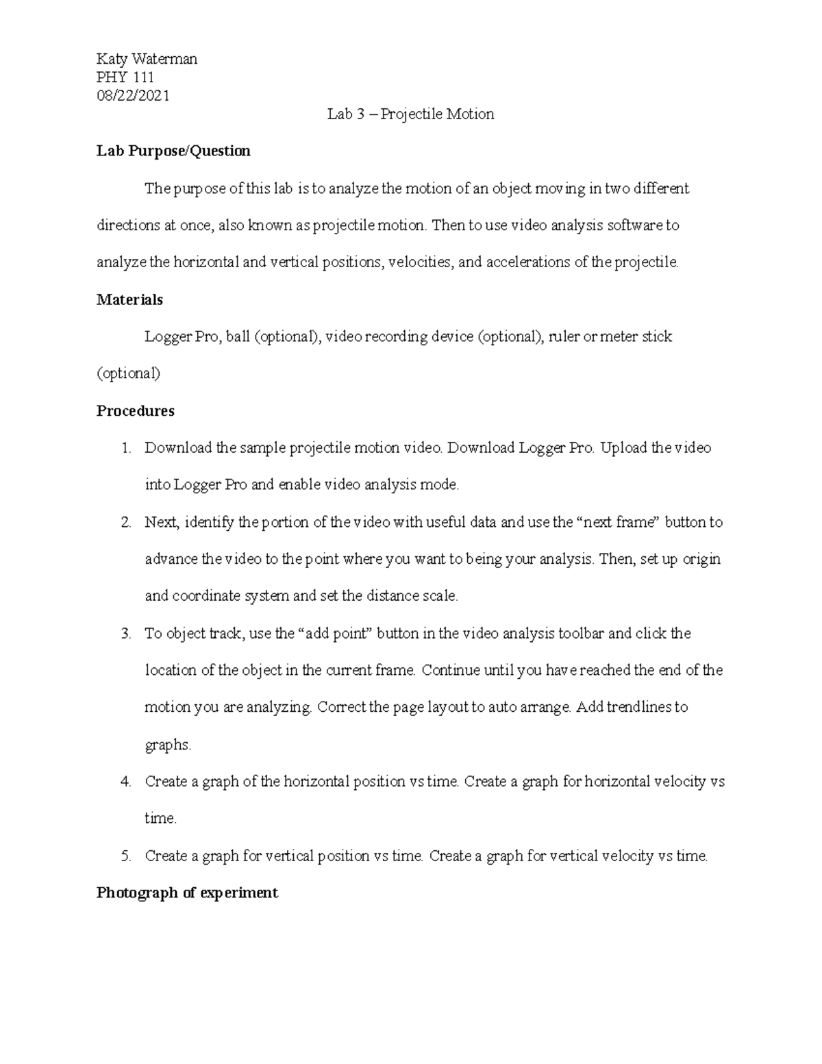 PHY 111 Lab 3: Analysis of Projectile Motion Experiments - Studocu