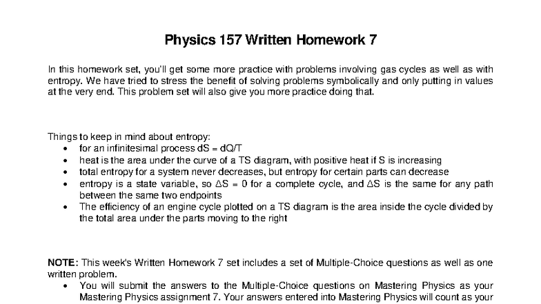 Physics 157 Written Homework 7: Gas Cycles & Entropy Practice - Studocu