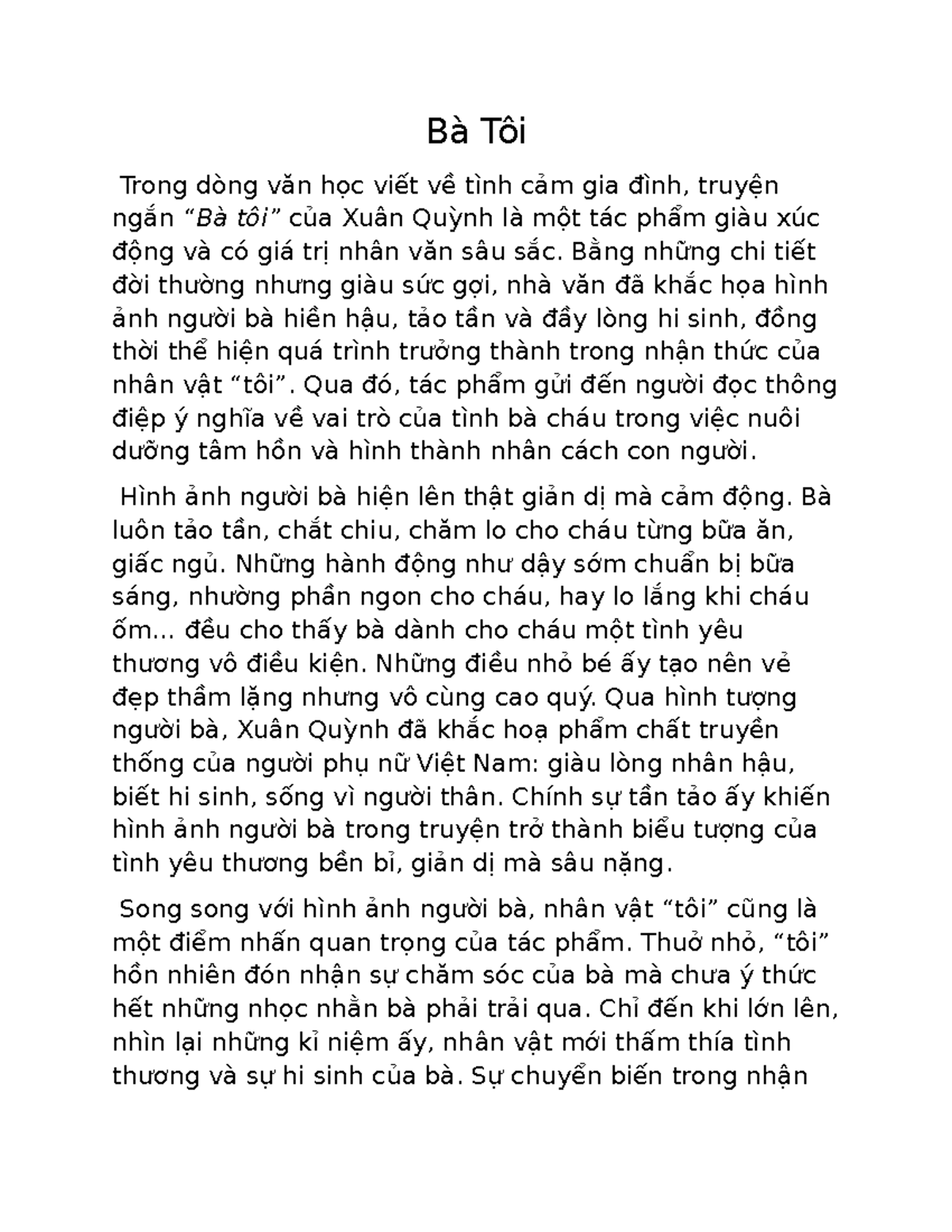 Bà Tôi - Truyện ngắn của Xuân Quỳnh về tình cảm gia đình - Studocu