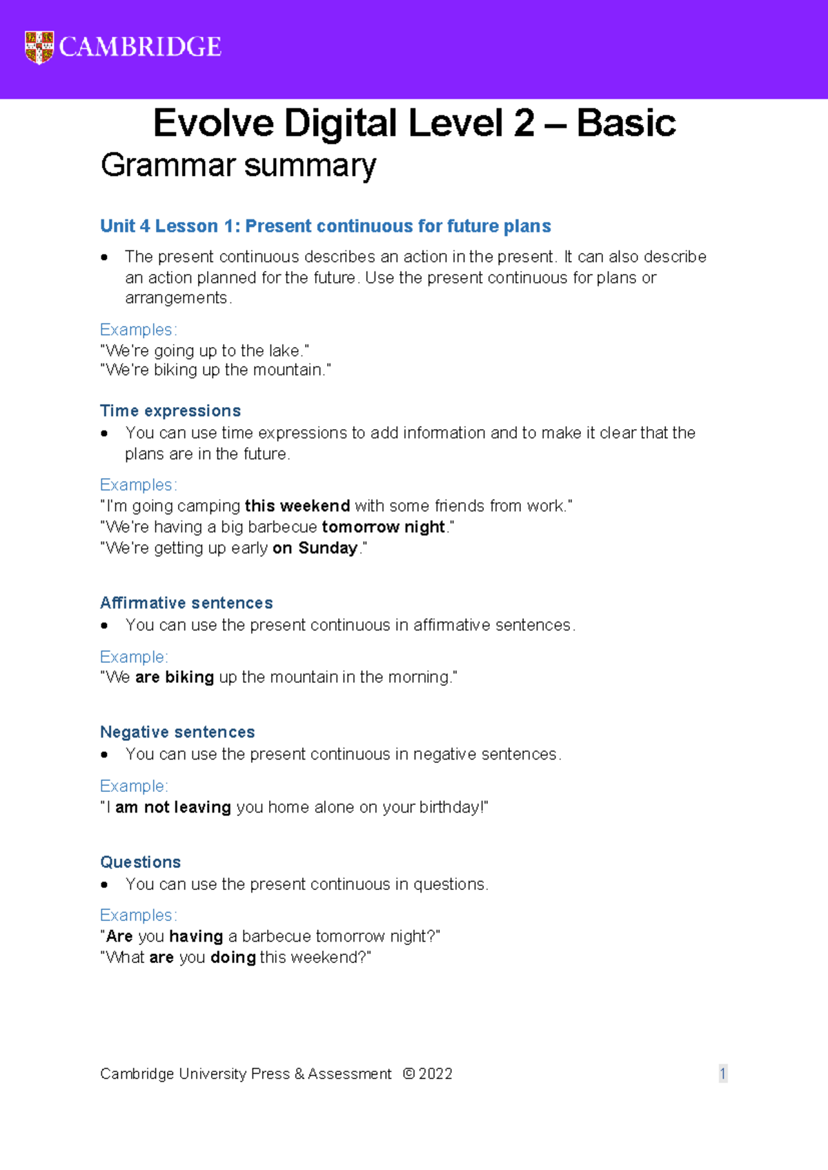 Unit 4 - Evolve Digital Level 2: Present Continuous for Future Plans ...