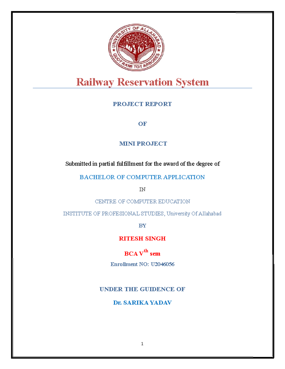 BCA 5th Sem - Railway Reservation System Mini Project Report - Studocu