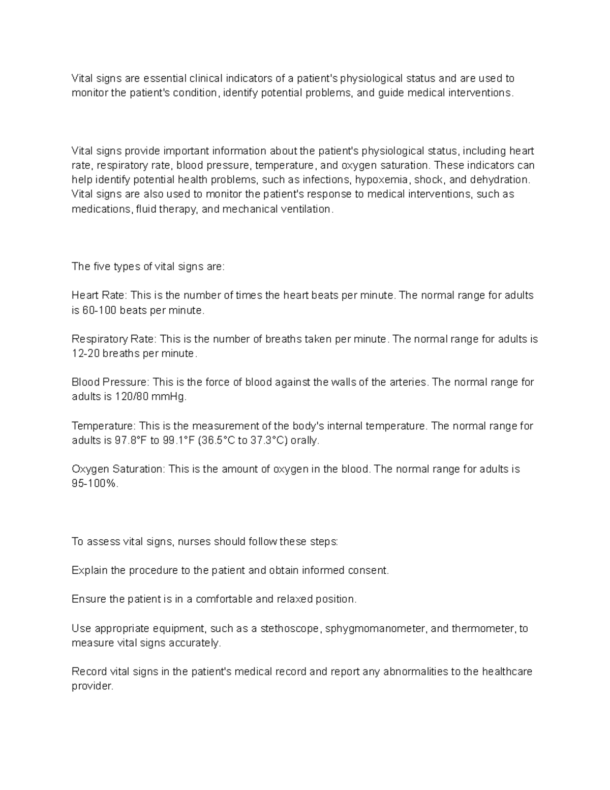 Vital Signs Assessment Notes for Nursing Practice - Studocu