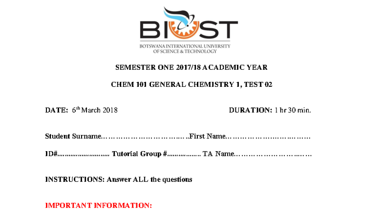 CHEM 101 General Chemistry 1, Test 02 - Solutions - Studocu
