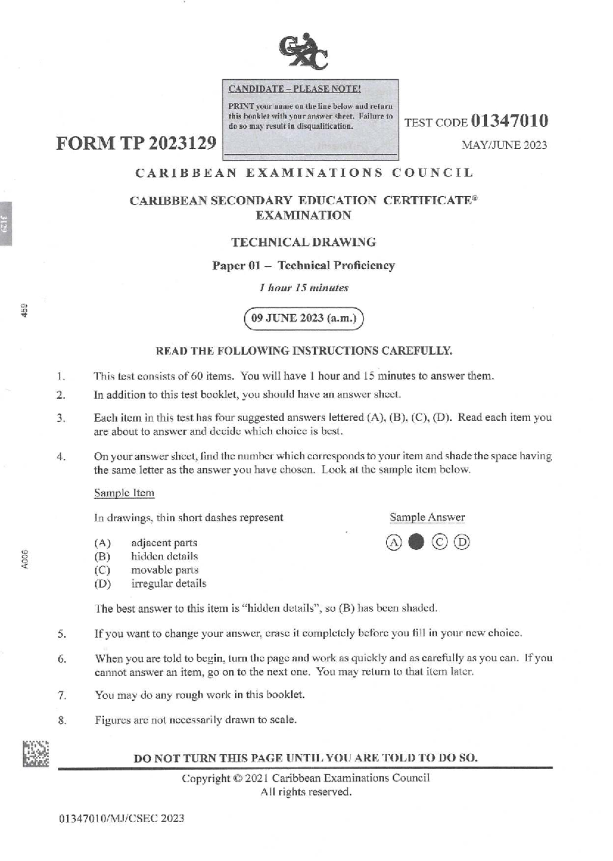 CSEC TD May/June 2023 Paper 01 Technical Drawing Exam Instructions ...