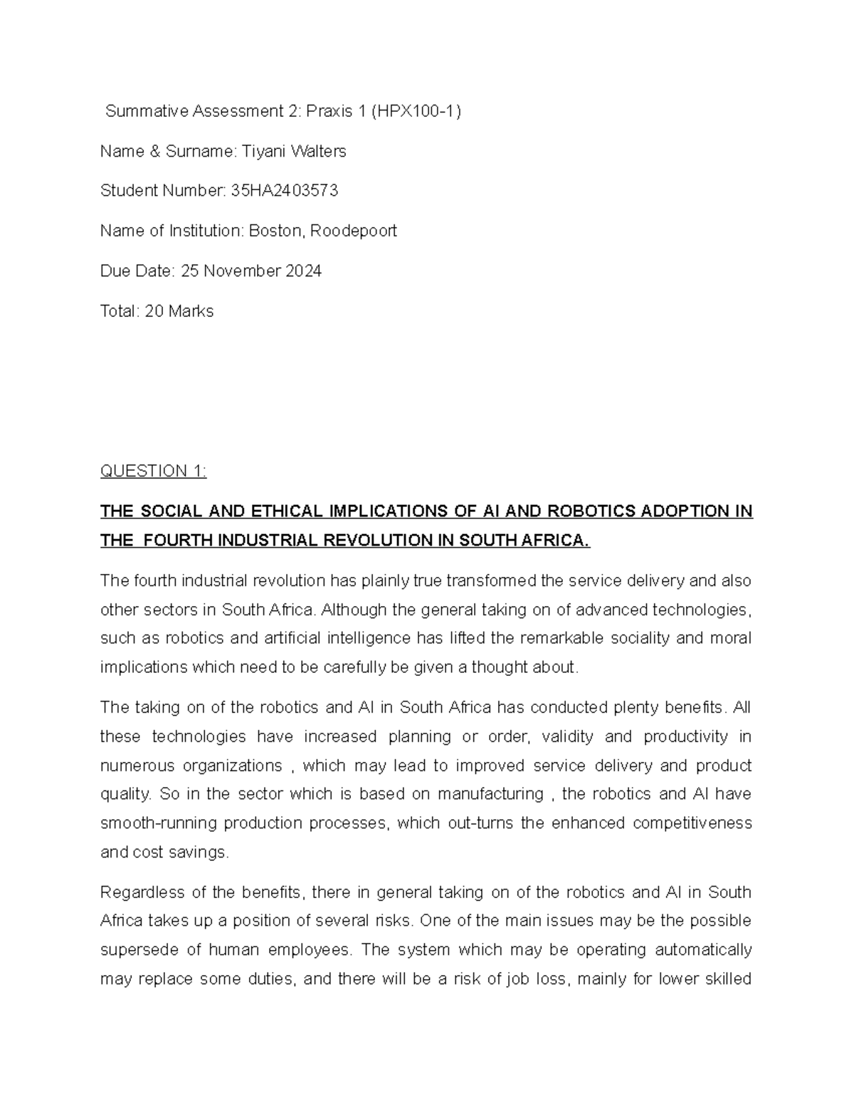 SA2 Praxis Essay - Summative Assessment 2: Praxis 1 (HPX100-1) Name ...