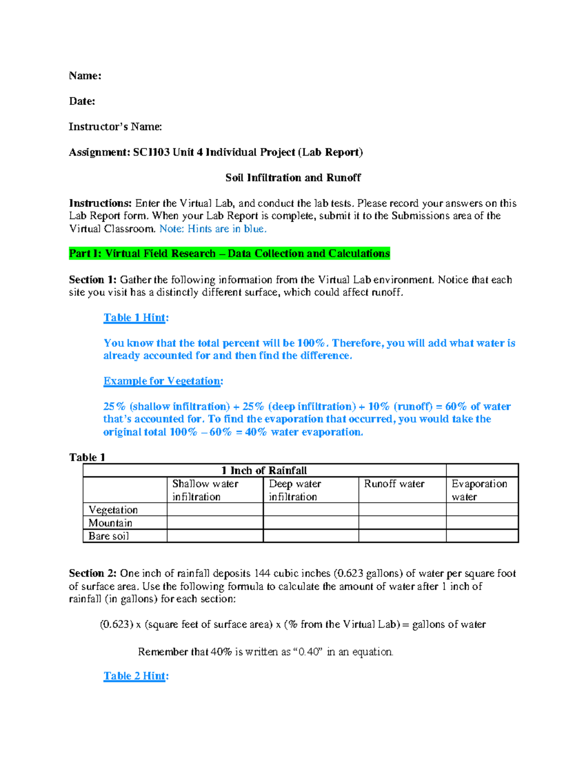 SCI103 Unit 4 Lab Report - Name: Date: Instructor’s Name: Assignment ...