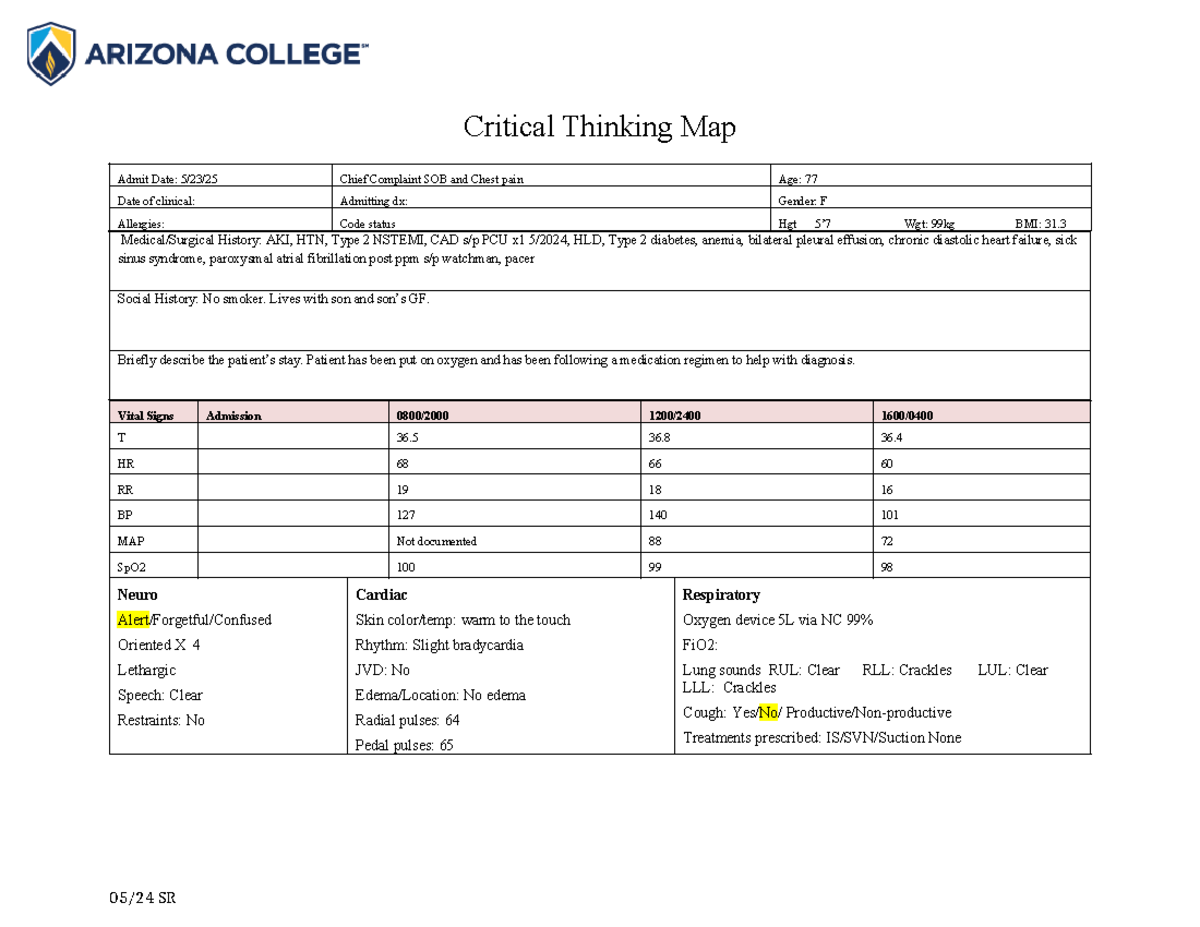 Critical Thinking Map: Patient Case Study for 77-Year-Old Female (AW ...