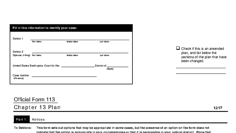 B 113 1217 0 - Chapter 13 Bankruptcy Plan Form Instructions - Studocu
