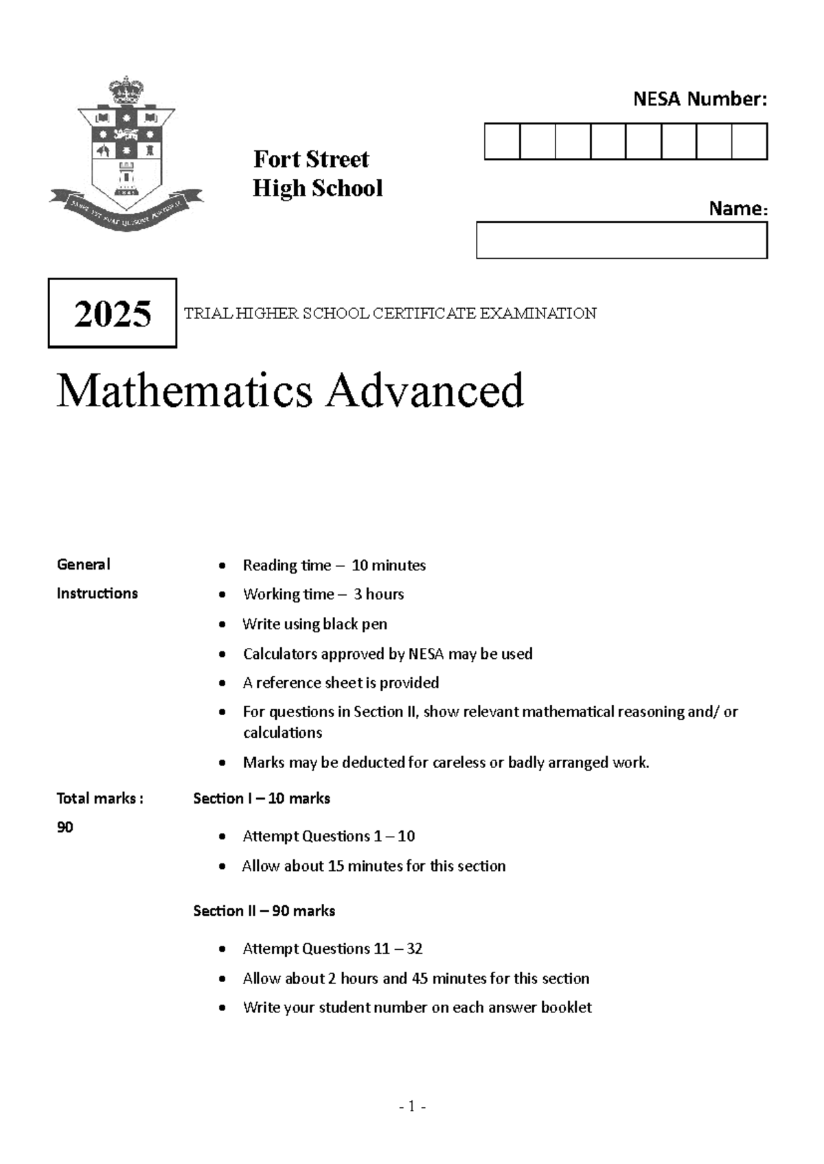 Fort Street High School 2025 Mathematics Advanced Trial HSC Exam - Studocu