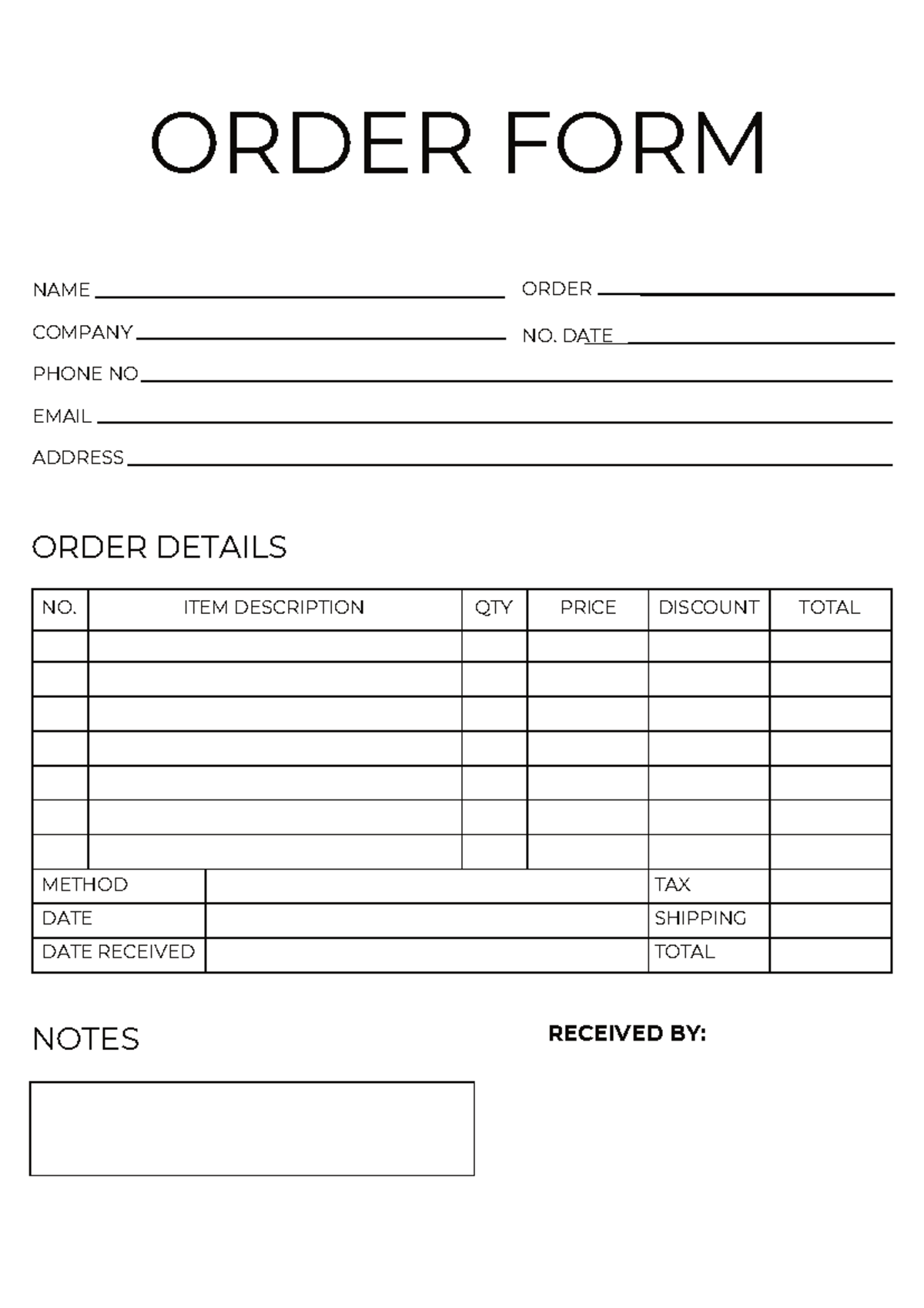 Professional Business Order Form - BSW3705 - NOTES ORDER DETAILS NO ...