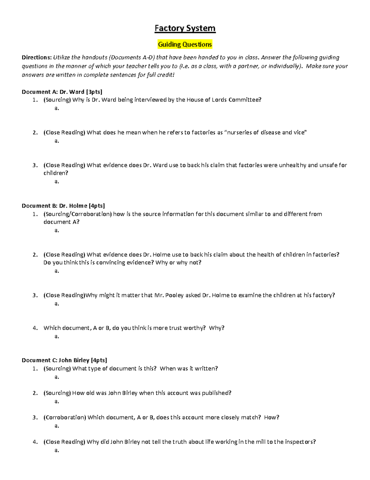 Factory System Guiding Questions for Analysis and Discussion - Studocu