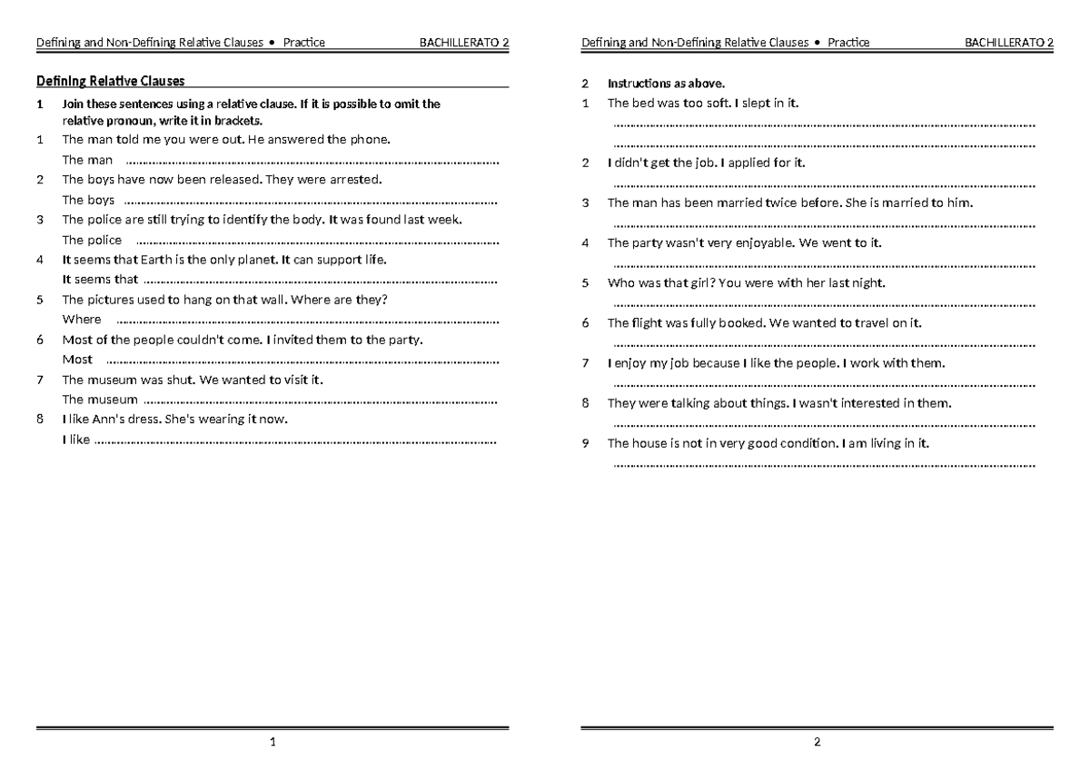 Relativeclausesbac 2pra students - Defining and Non-Defining Relative ...