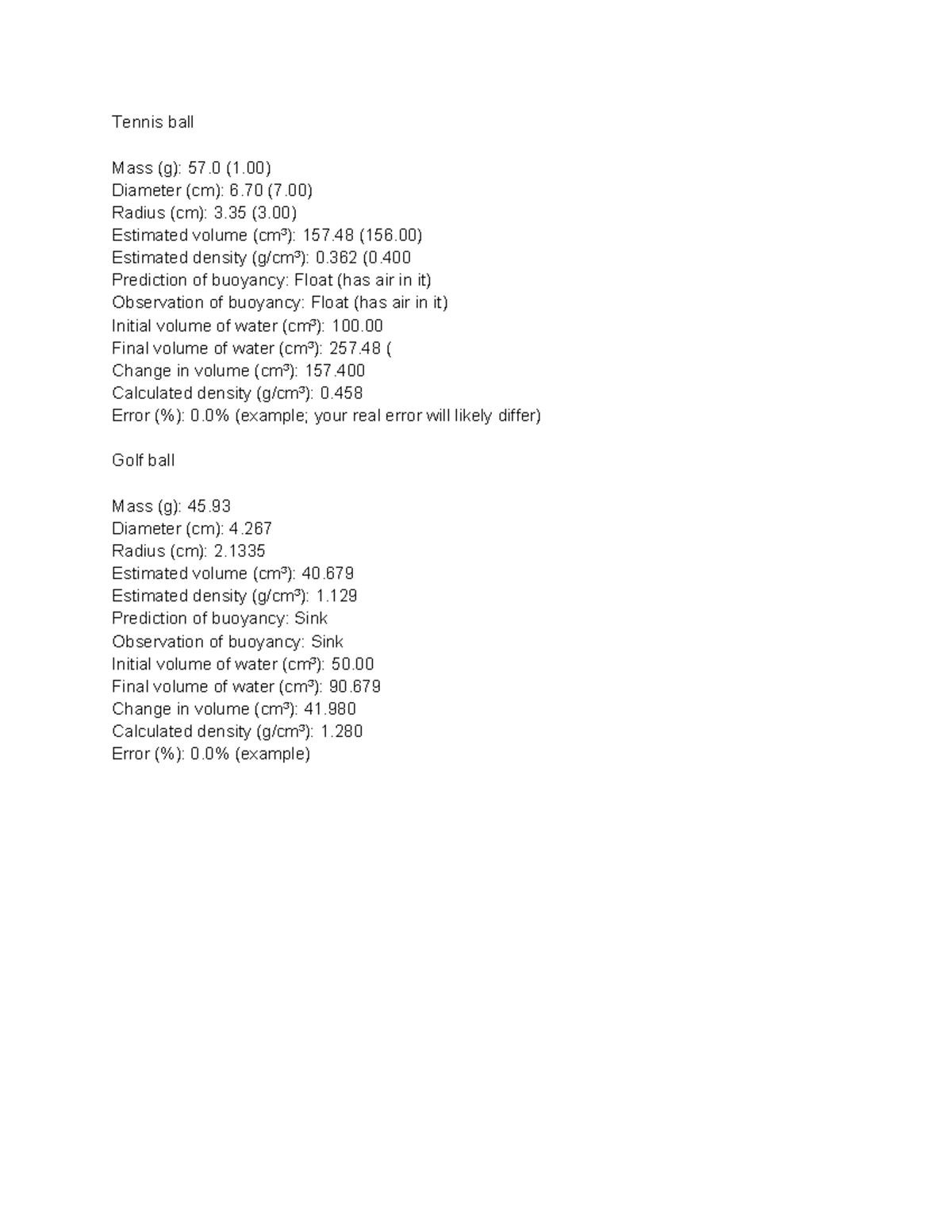 Physical Science Results 1: Buoyancy and Density of Balls - Studocu