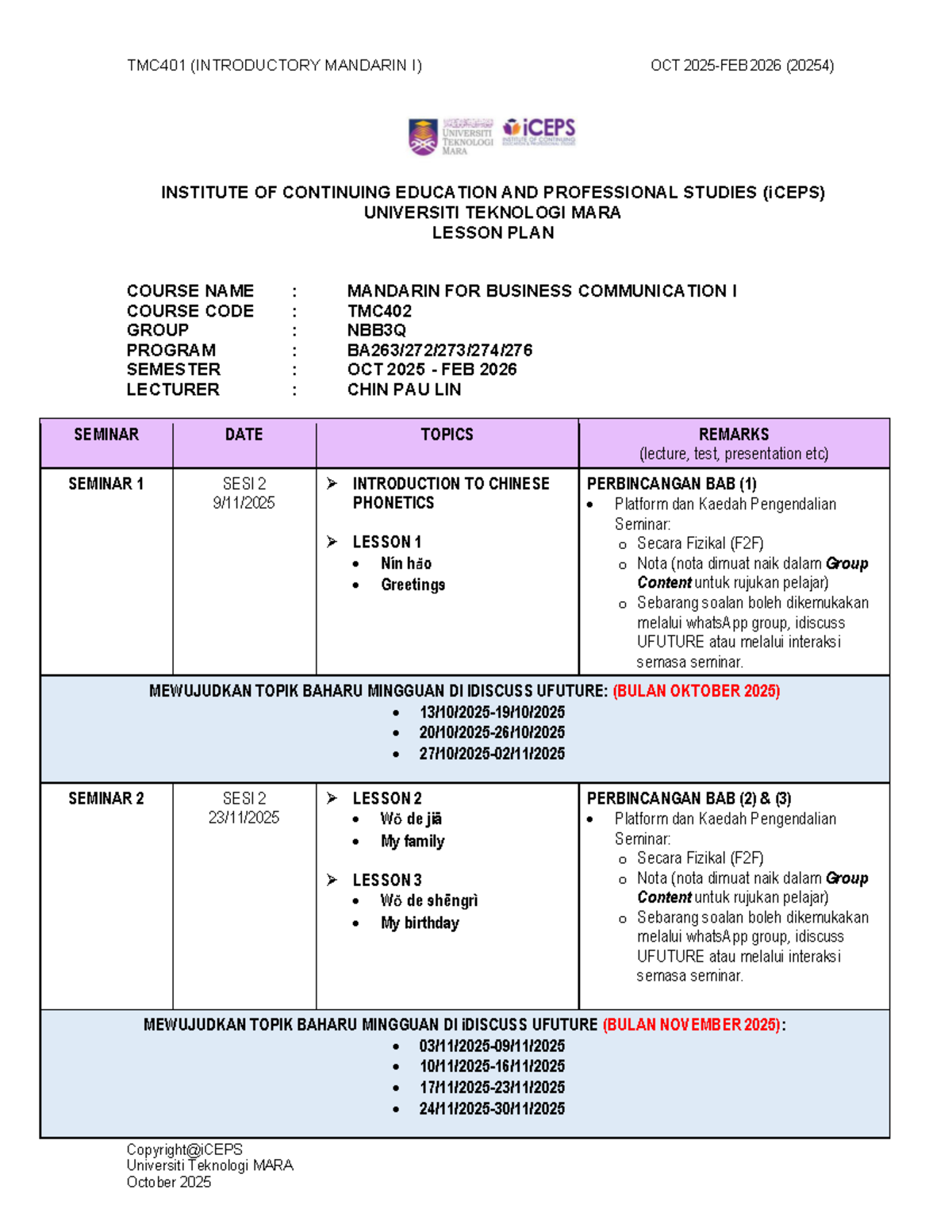 TMC402 (MANDARIN FOR BUSINESS COMMUNICATION I) SEMINAR PLAN OCT 2025 ...