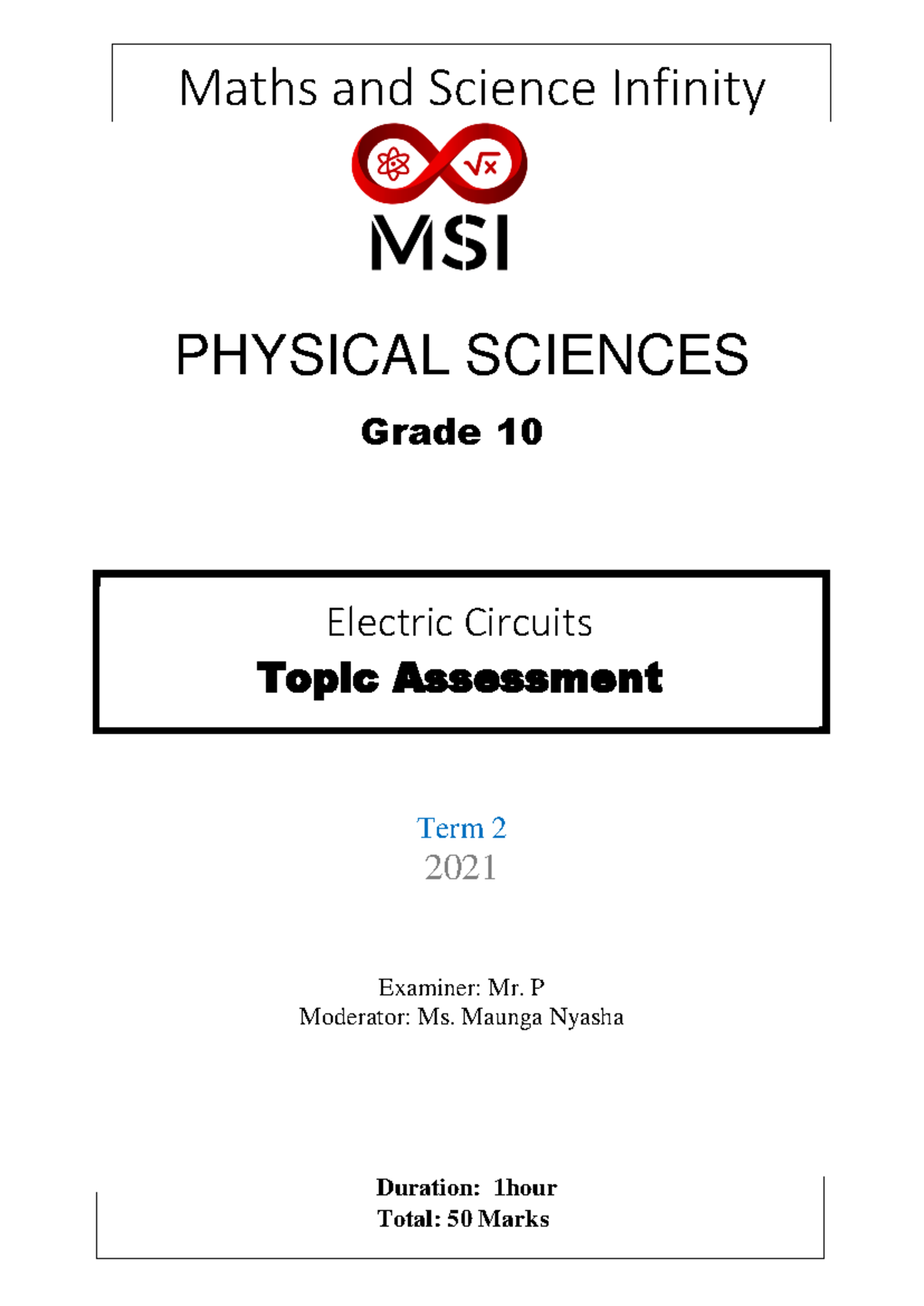 Grade 10 Term 2 Topic Test 1: Electric Circuits Assessment - Studocu