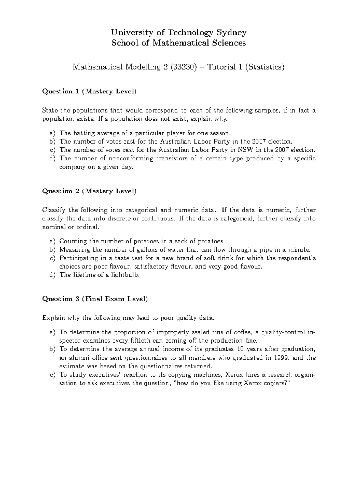 Mathematical Modelling 2 (33230) Tutorial 1: Statistics Mastery ...