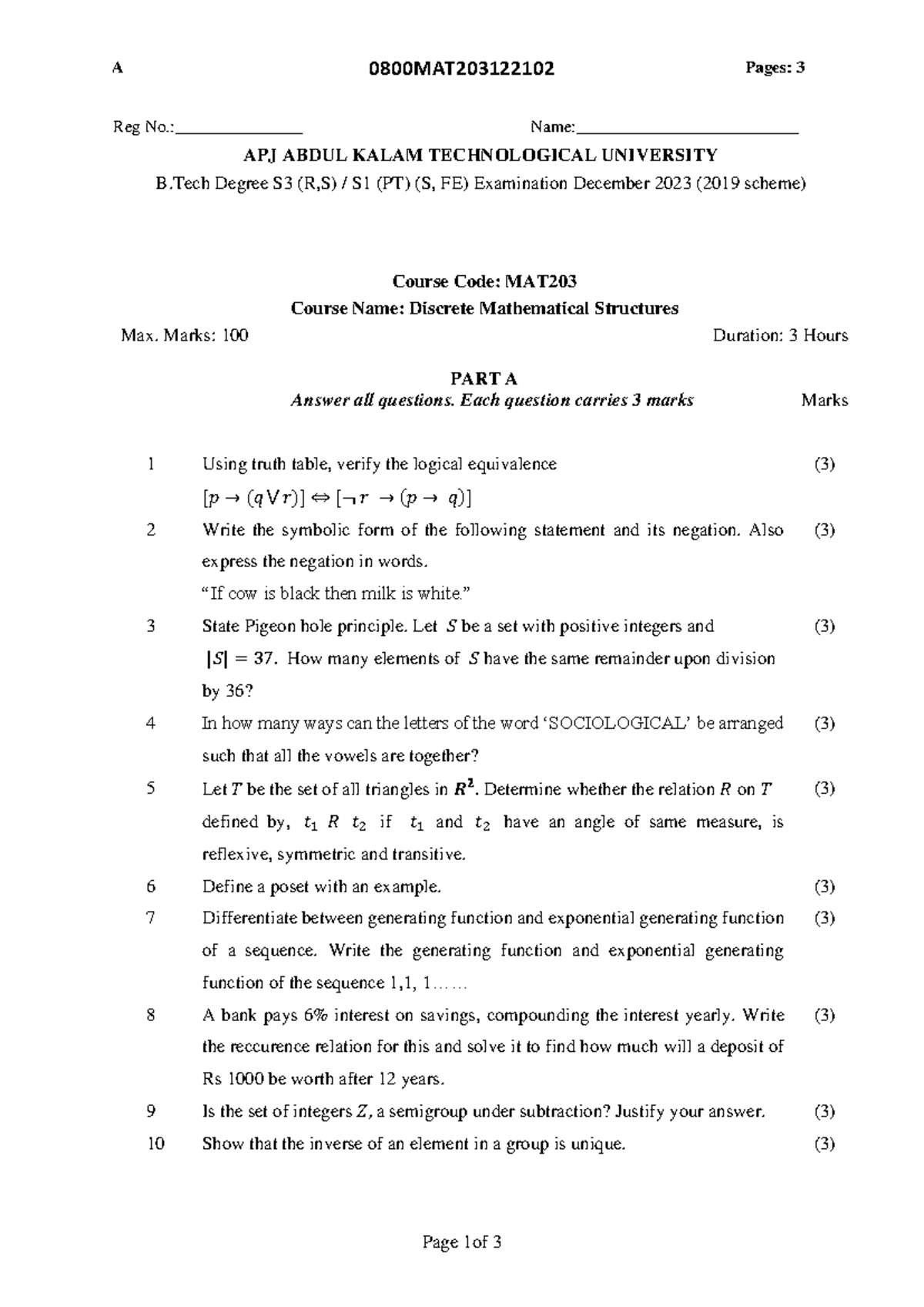 MAT203 - December 2023 Question Paper: Discrete Math Structures - Studocu
