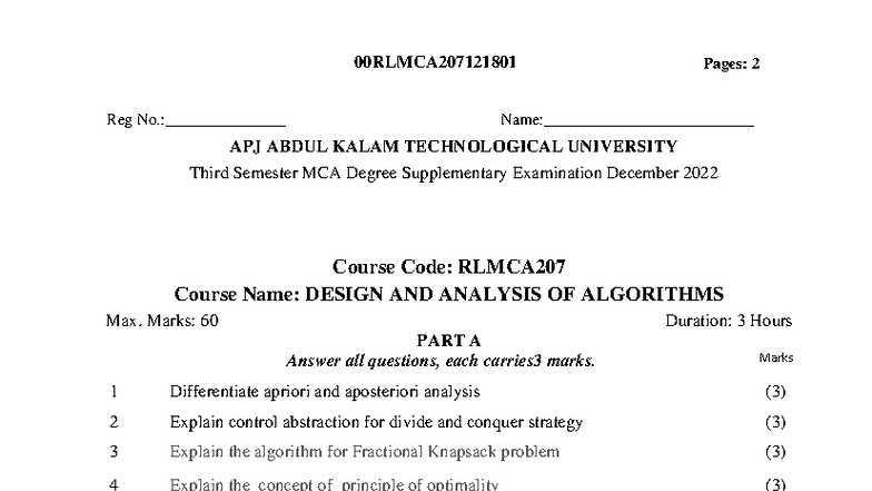 RLMCA207 - Design and Analysis of Algorithms Supplementary Exam QP ...