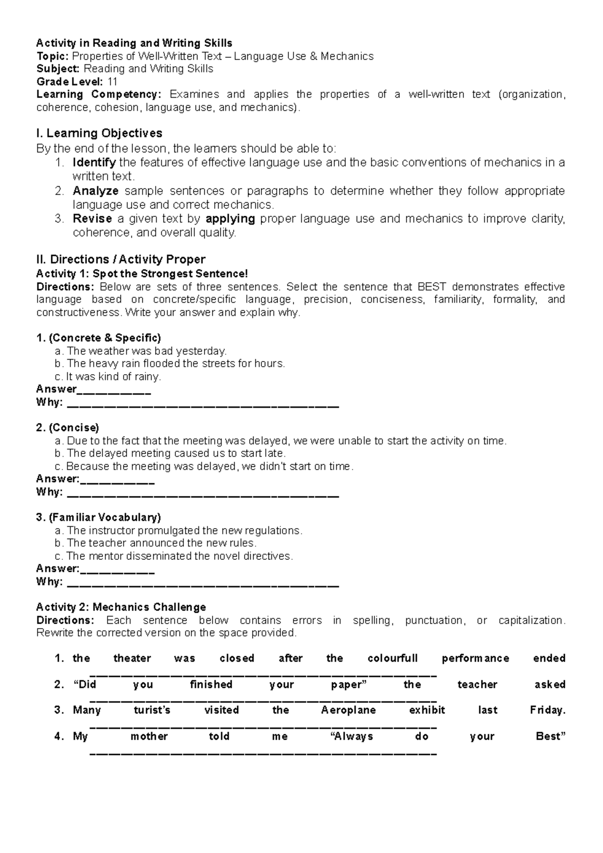 112425 - Activity on Text Language Use & Mechanics for Grade 11 - Studocu