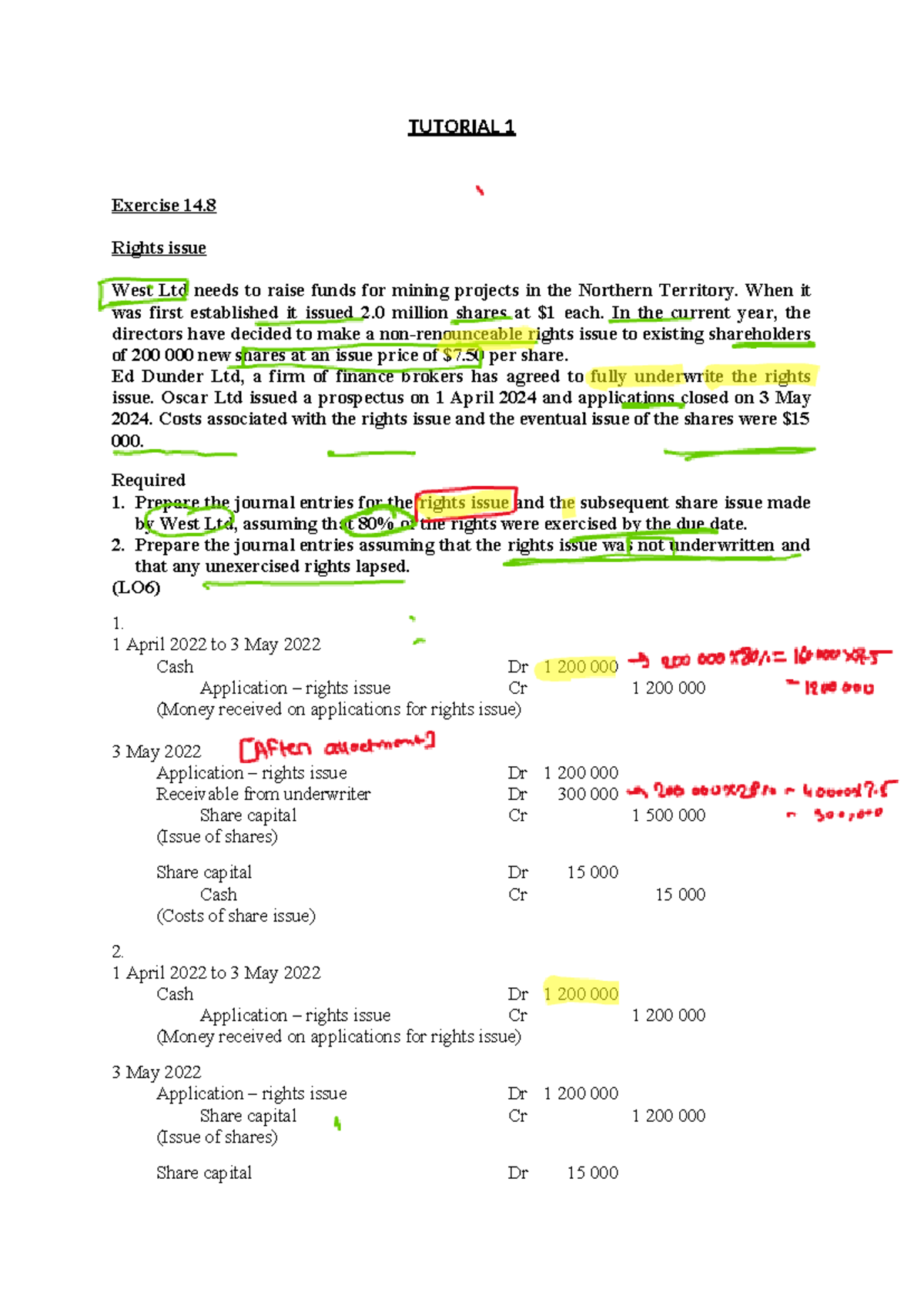 Tutorial 1: Rights Issue and Share Transactions for West Ltd and ...