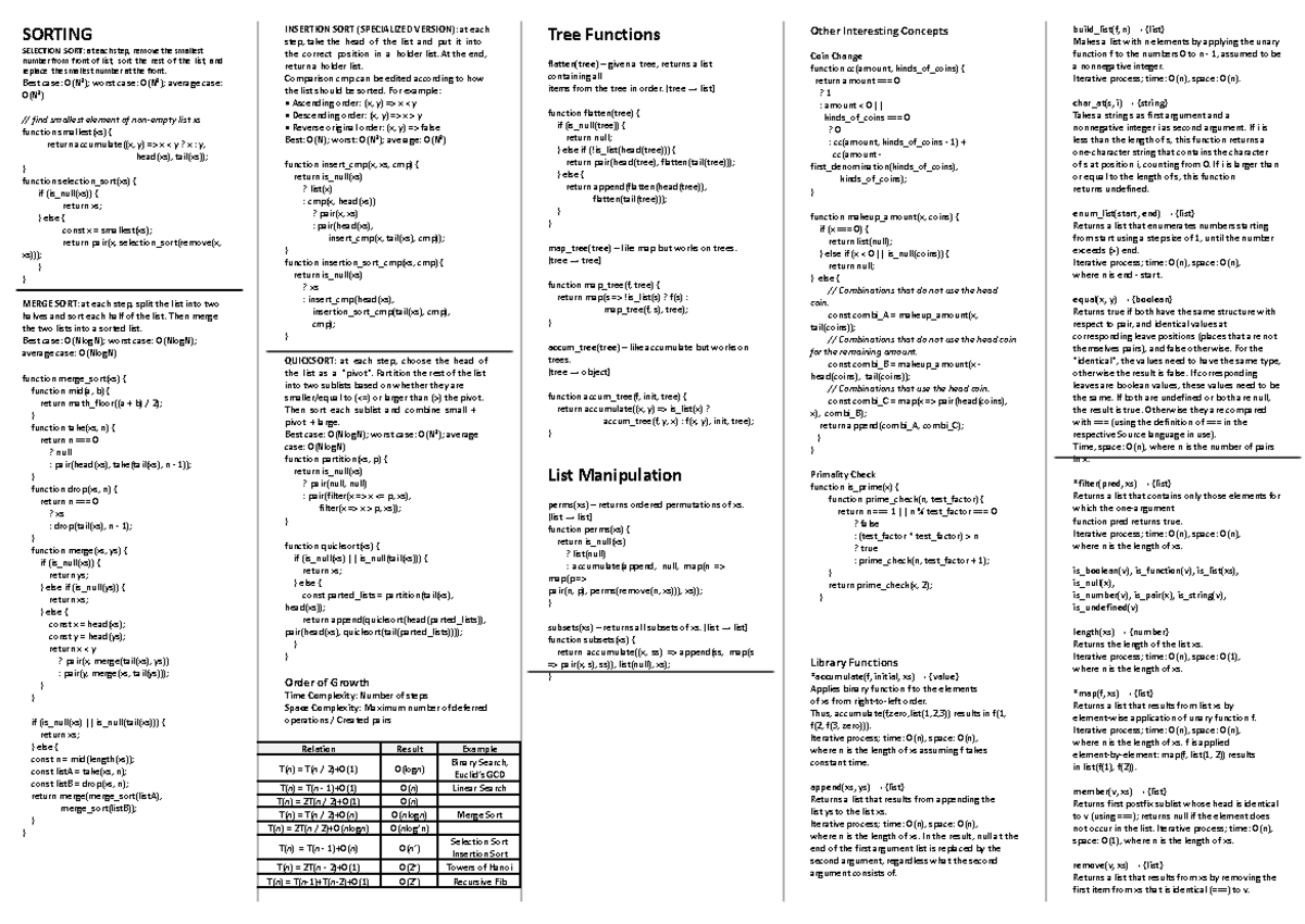 CS1101S Midterms Study Cheat Sheet on Sorting Algorithms and Concepts ...