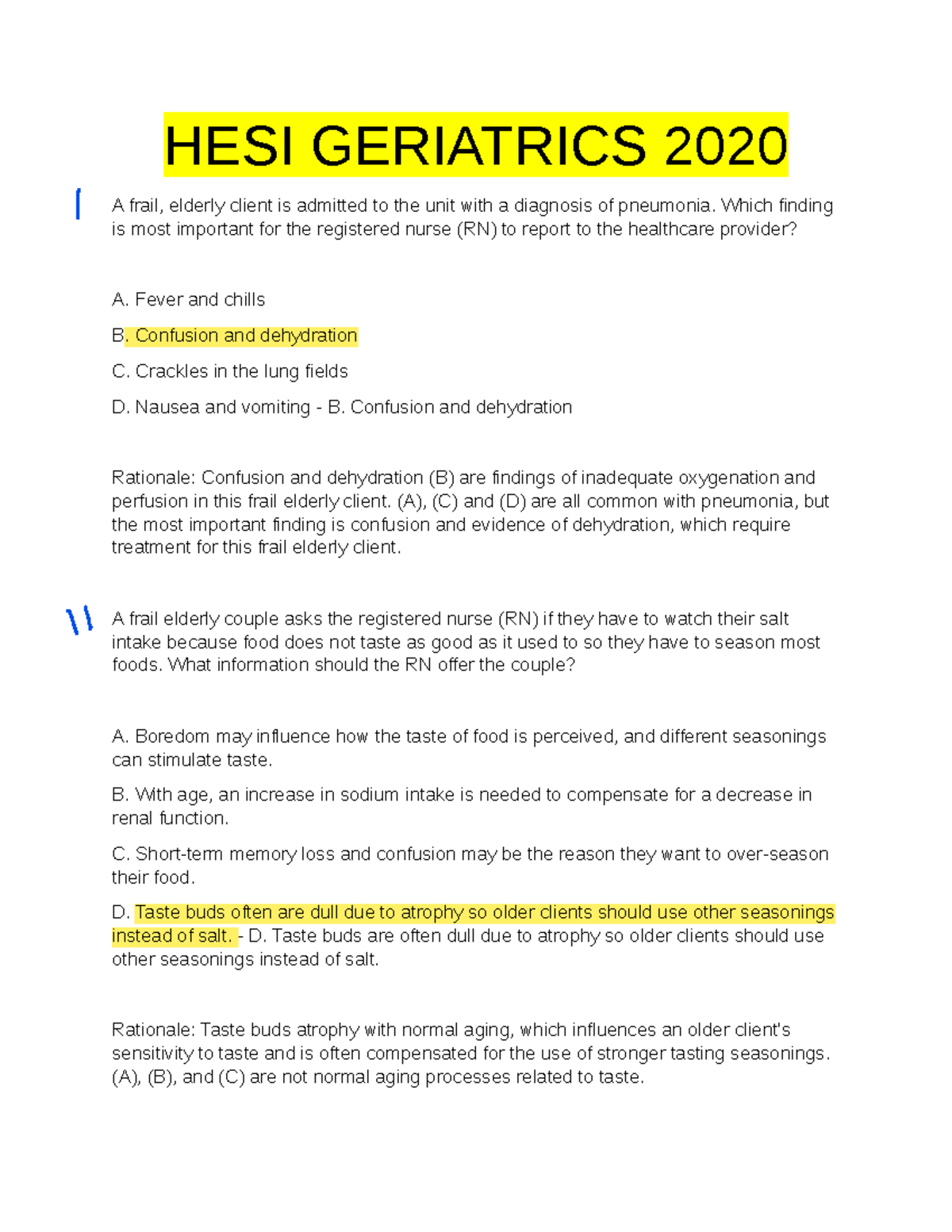 HESI Geriatrics 2020 - Essential Study Guide for Gero HESI Exam - Studocu