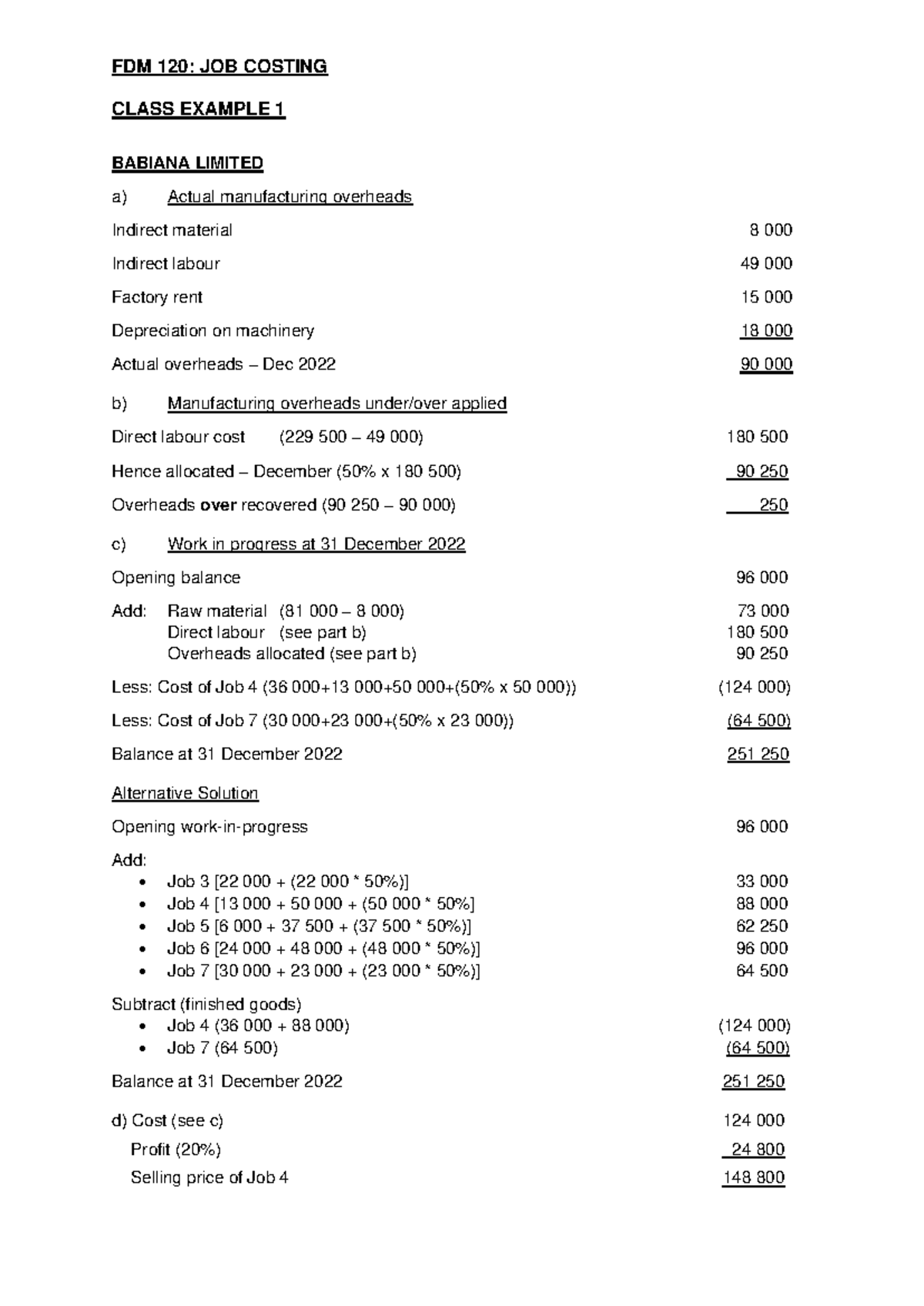 2024 FDM 120: Job Costing Class Example 1 Solution Analysis - Studocu
