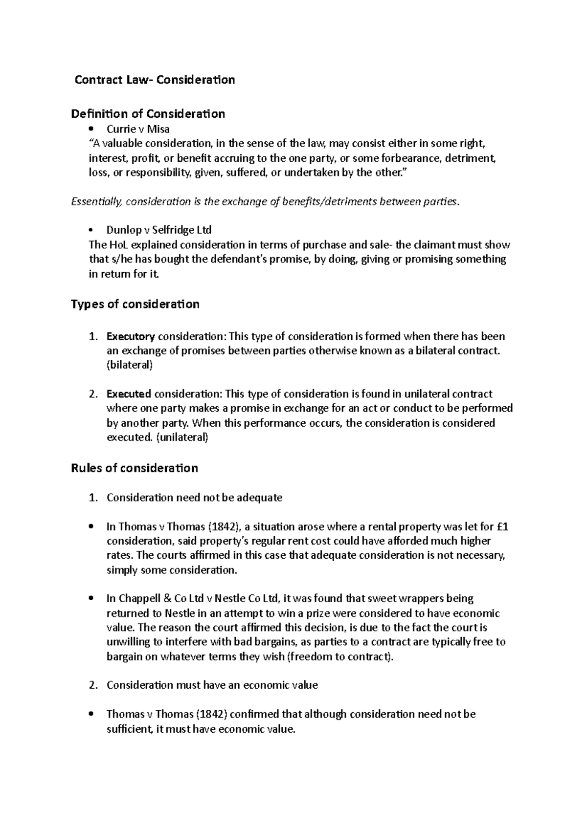 Contract- Consideration Notes - LW1CON - Reading - Studocu