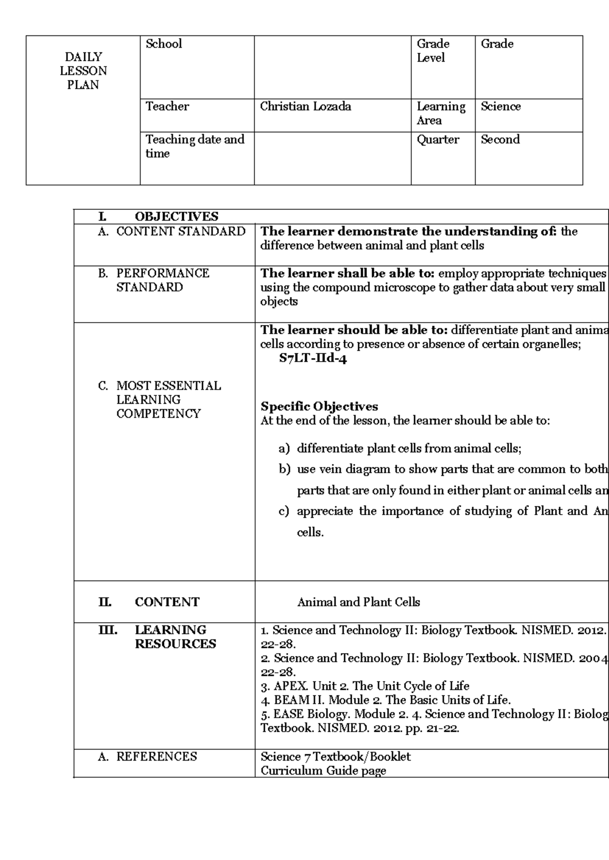Grade 7 Science Lesson Plan: Understanding Plant and Animal Cells - Studocu