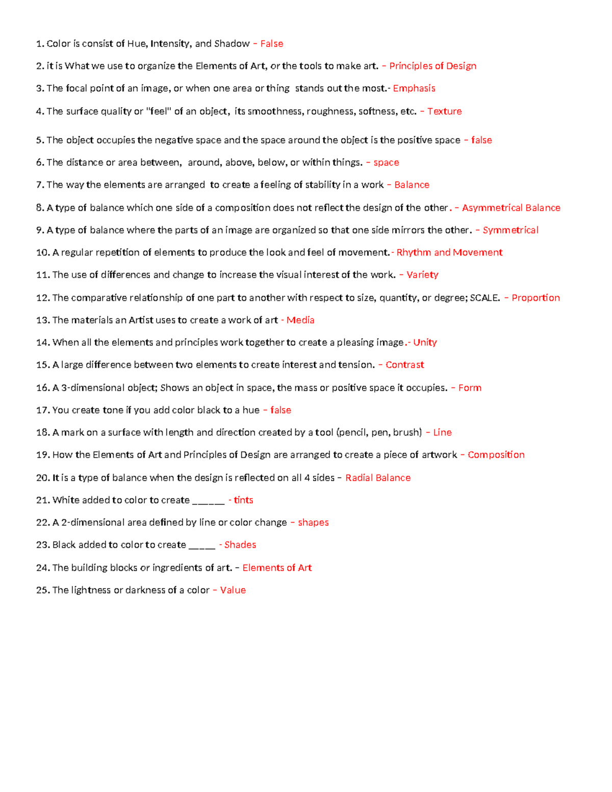 Art Quiz: Elements of Art & Principles of Design (ART101) - Studocu