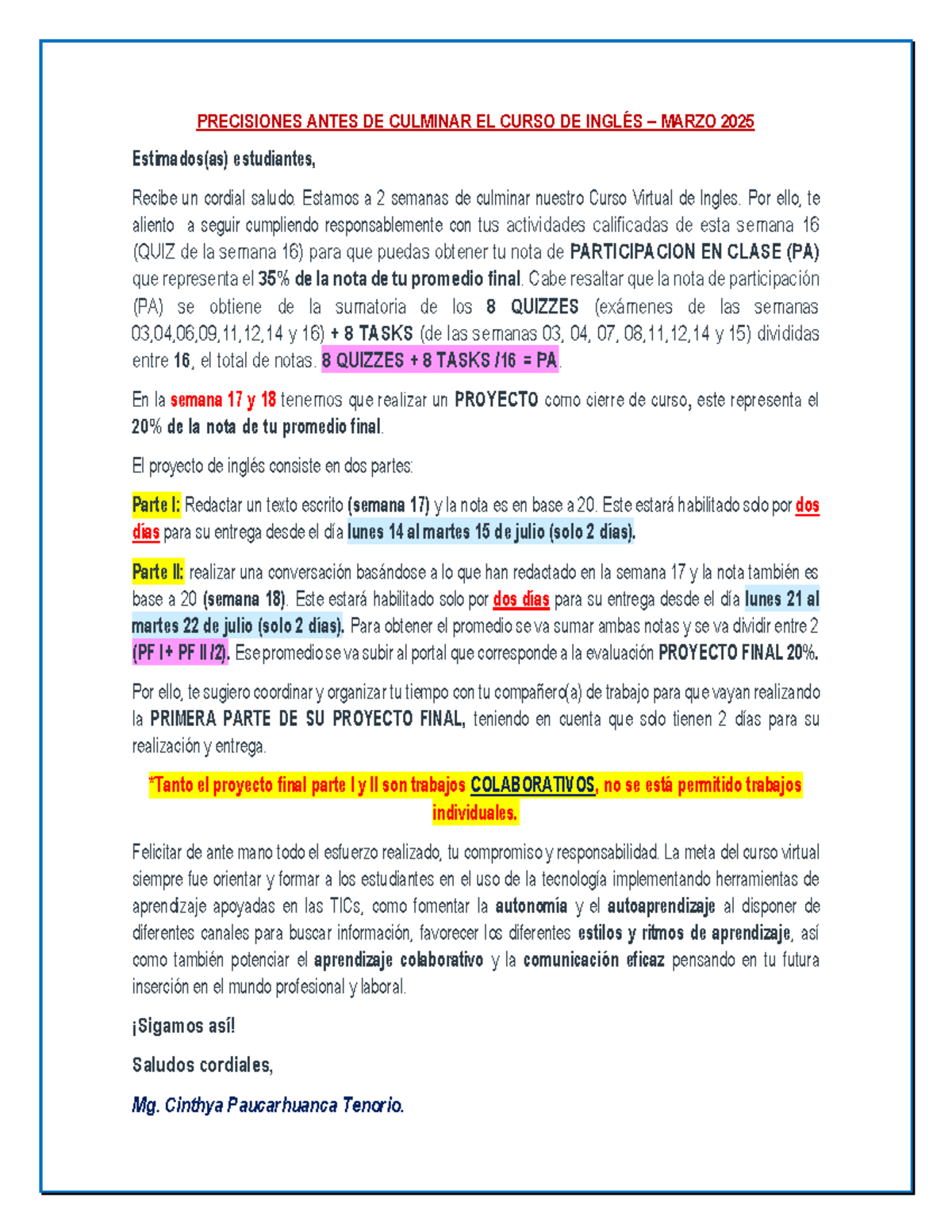 Precisiones para Culminar el Curso de Inglés - Marzo 2025 - Studocu