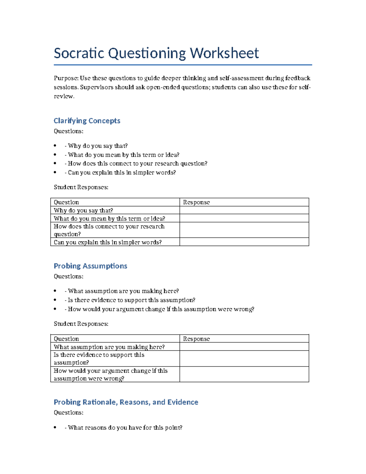 Socratic Questioning Worksheet for Deeper Thinking and Feedback ...