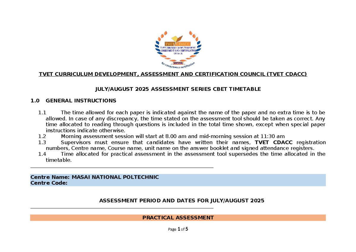 TVET CDACC 2025 Practical Assessment Timetable for ICT Courses - Studocu