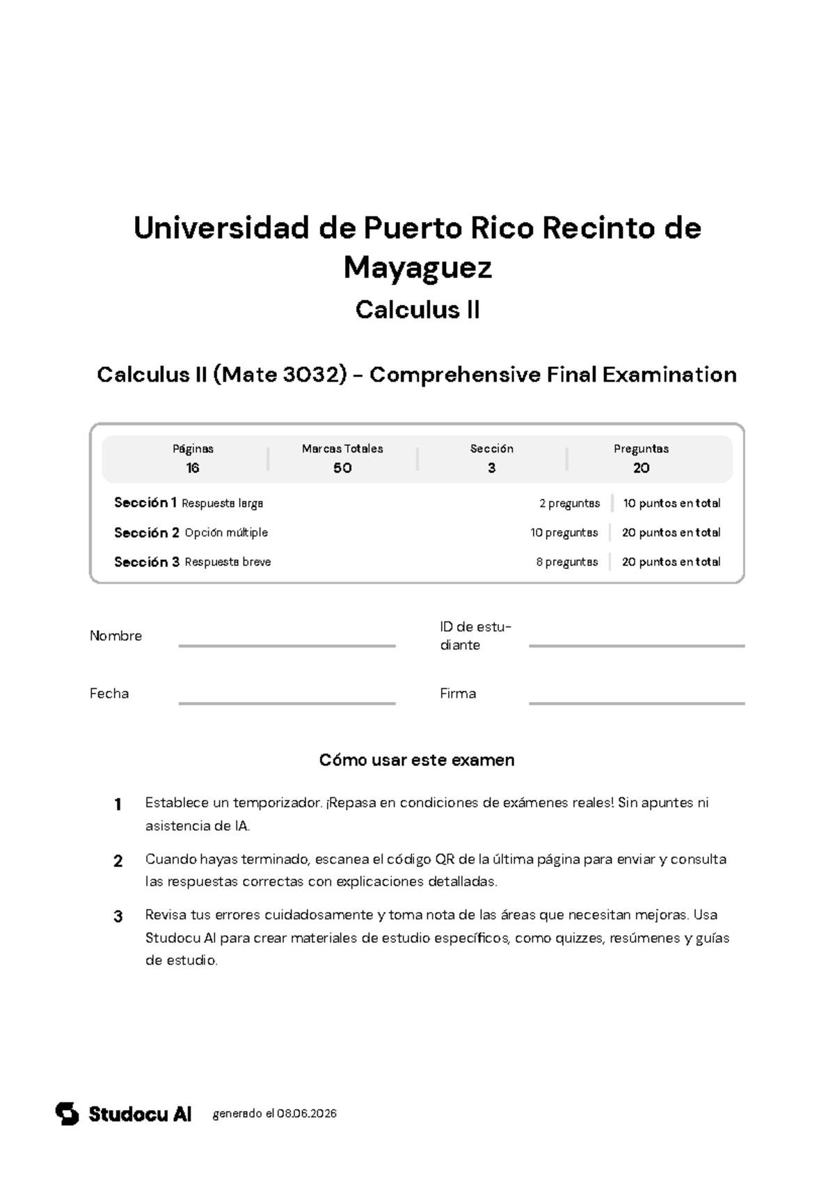 Calculus II (Mate 3032) - Comprehensive Final Exam - Studocu