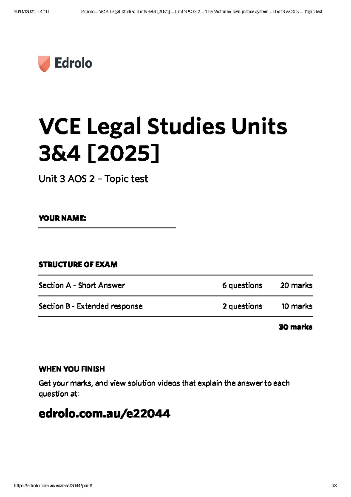 Edrolo VCE Legal Studies Units 3&4 [2025] - Unit 3 AOS 2 Topic Test ...