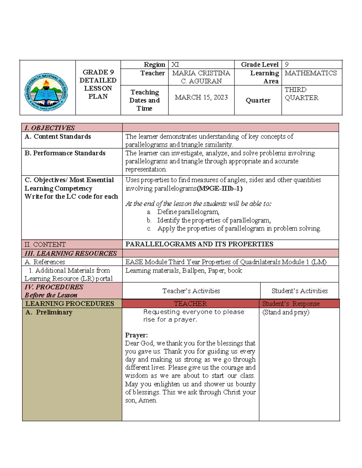 Math 9 DLP 2023 - Detailed Lesson Plan on Parallelograms - Studocu