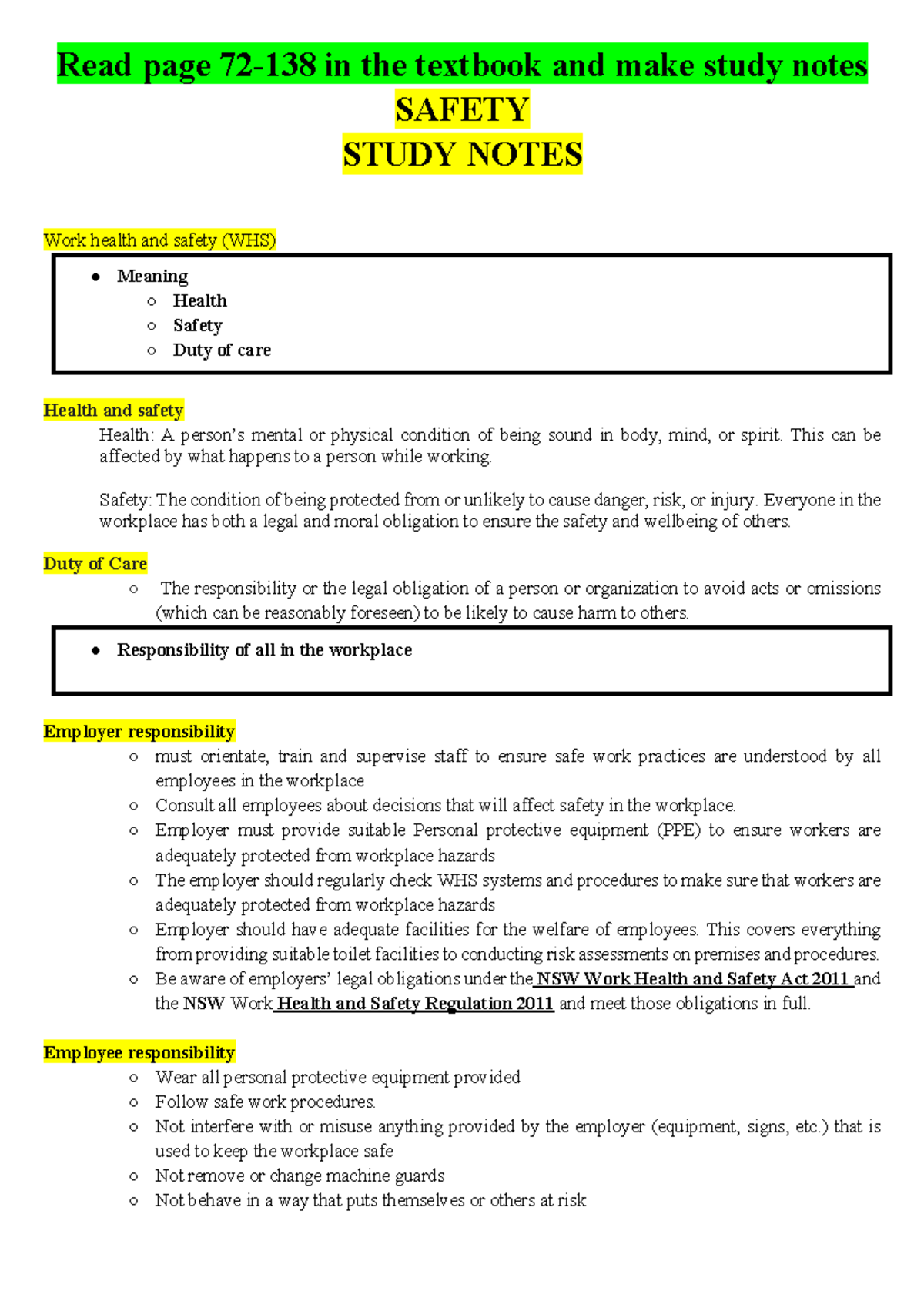2 - workplace safety - business - Read page 72-138 in the textbook and ...