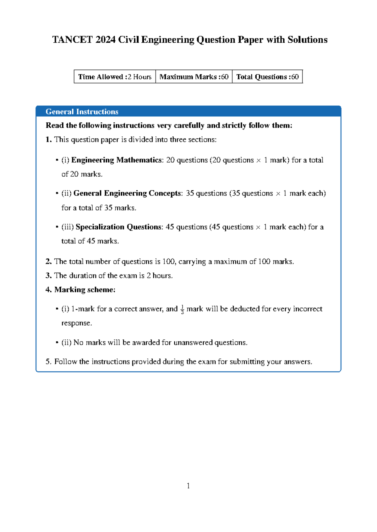 TANCET 2024 Civil Engineering Question Paper & Solutions - Studocu